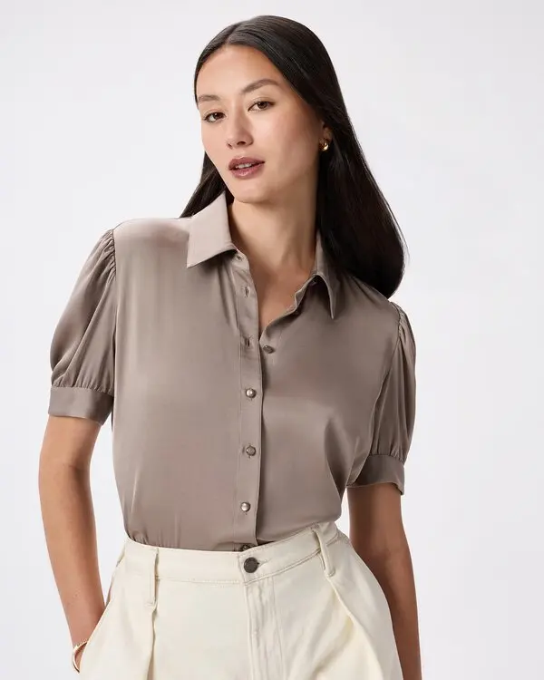 Quince Washable Stretch Silk Puff Sleeve Blouse - Morel Grey