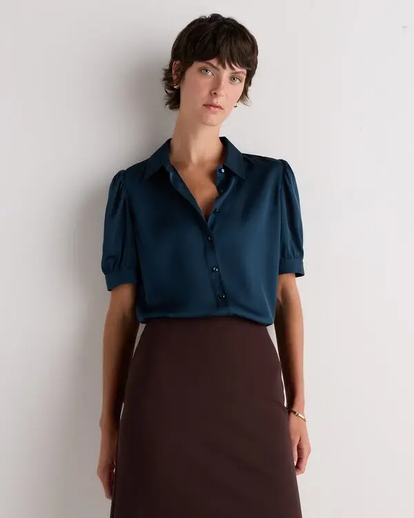 Quince Washable Stretch Silk Puff Sleeve Blouse - Stratus Blue