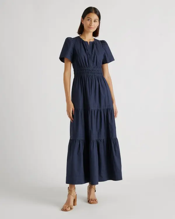 Quince Poplin Tiered Maxi Dress - Navy