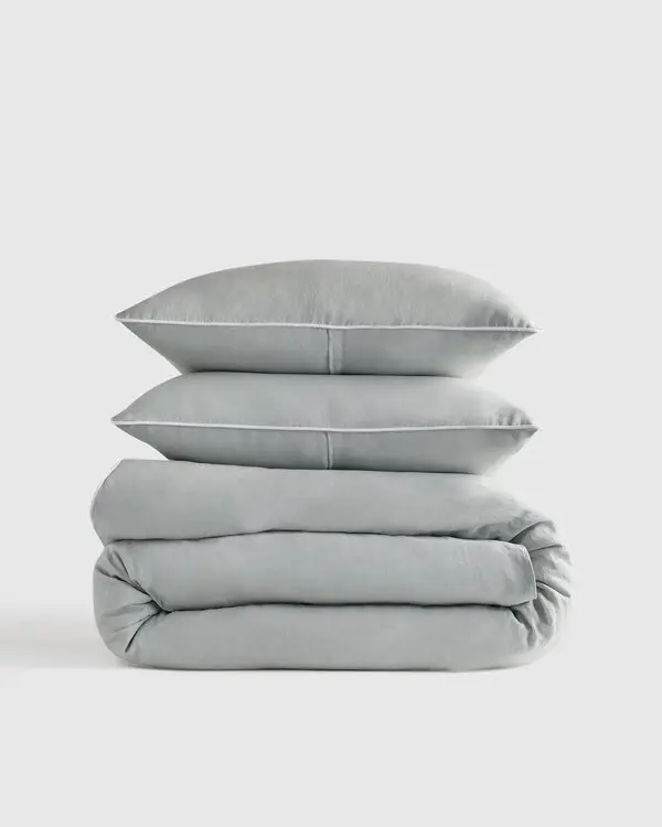 Quince European Linen Piped Duvet Cover Set - Mist/white