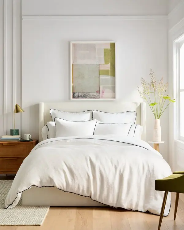 Quince European Linen Piped Duvet Cover Set - White/navy