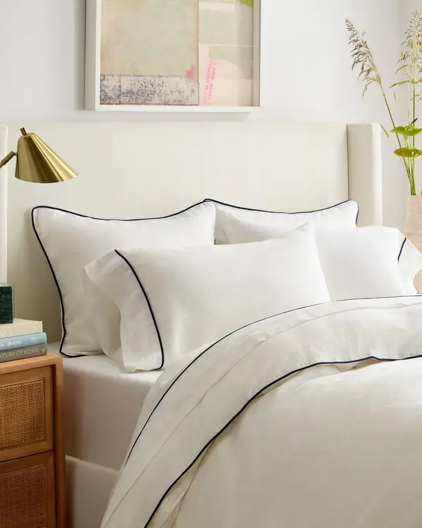 Quince European Linen Piped Duvet Cover Set - White/navy