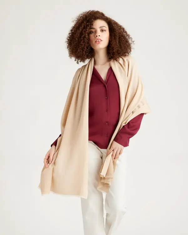 Quince Featherweight Cashmere Silk Frayed Edge Scarf - Beige