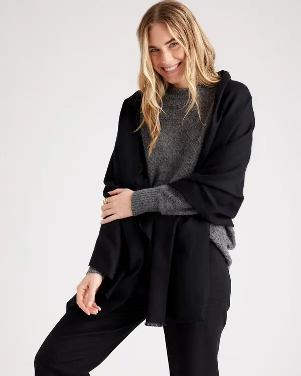 Quince Featherweight Cashmere Silk Frayed Edge Scarf - Black