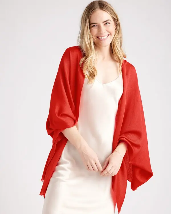 Quince Featherweight Cashmere Silk Frayed Edge Scarf - Red