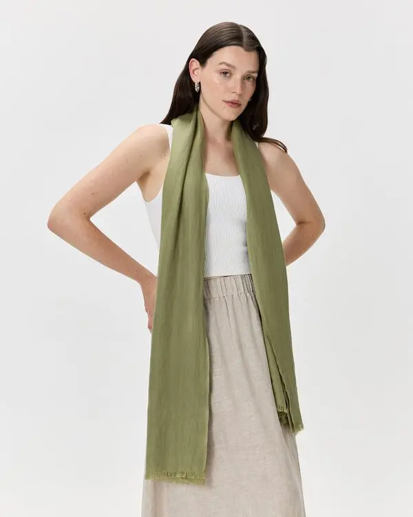 Quince Featherweight Cashmere Silk Frayed Edge Scarf - Sage