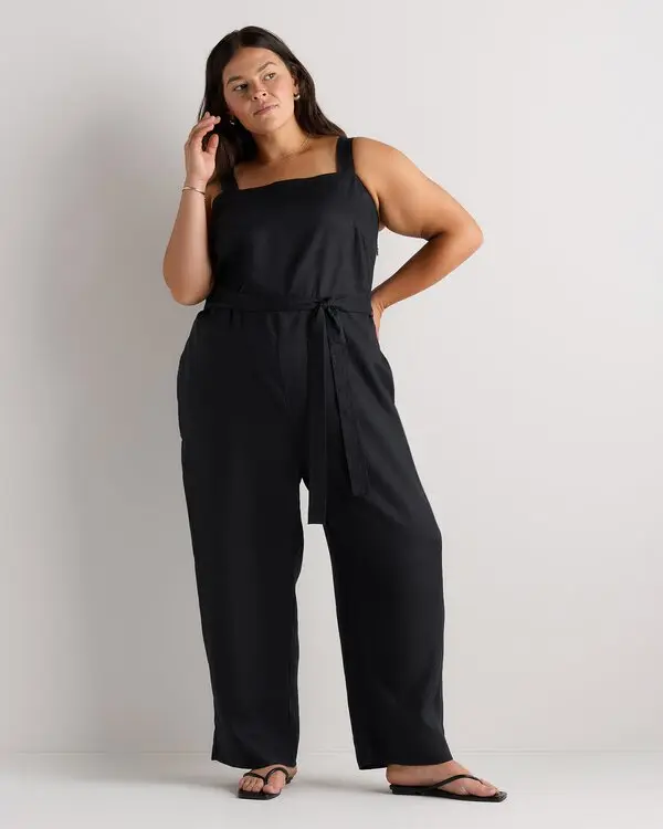 Quince 100% European Linen Square Neck Jumpsuit - Black