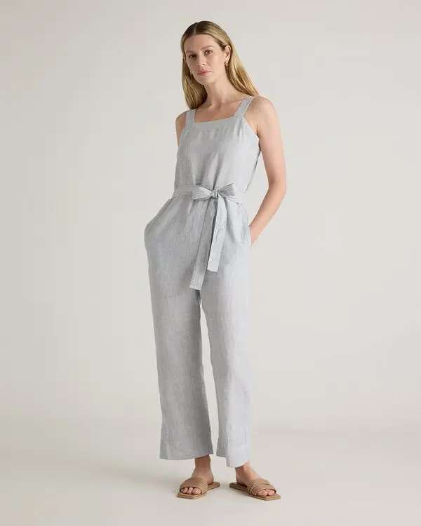Quince 100% European Linen Square Neck Jumpsuit - Blue Pinstripe