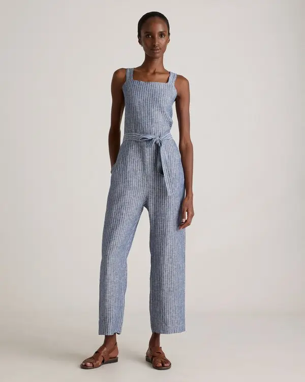 Quince 100% European Linen Square Neck Jumpsuit - Chambray Stripe