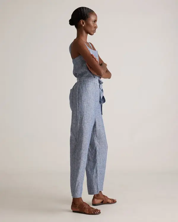 Quince 100% European Linen Square Neck Jumpsuit - Chambray Stripe