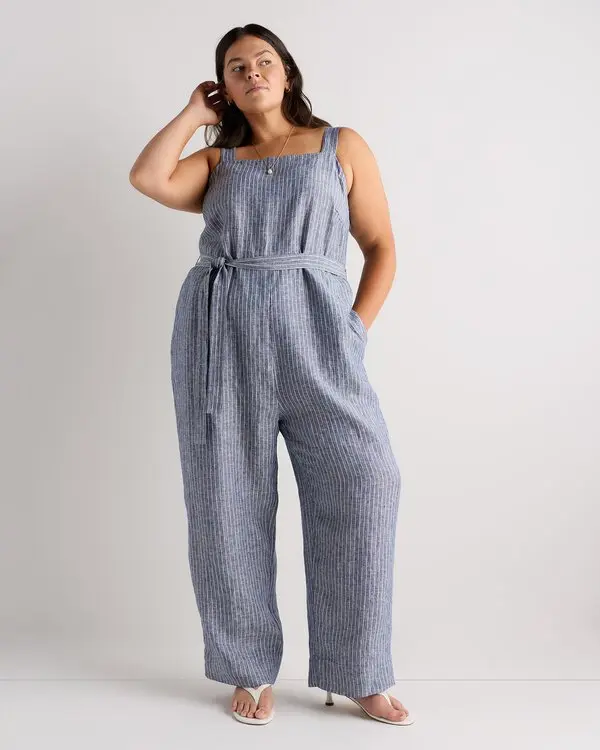 Quince 100% European Linen Square Neck Jumpsuit - Chambray Stripe
