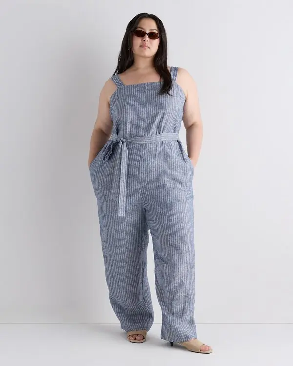 Quince 100% European Linen Square Neck Jumpsuit - Chambray Stripe