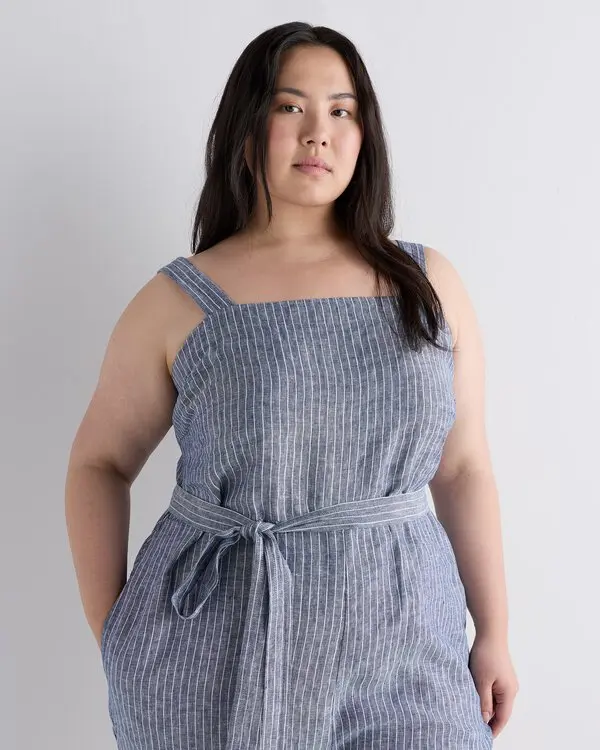 Quince 100% European Linen Square Neck Jumpsuit - Chambray Stripe