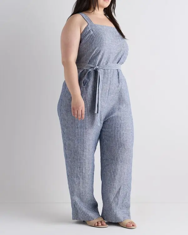 Quince 100% European Linen Square Neck Jumpsuit - Chambray Stripe