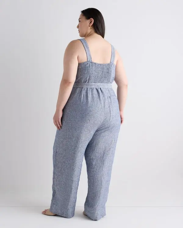 Quince 100% European Linen Square Neck Jumpsuit - Chambray Stripe