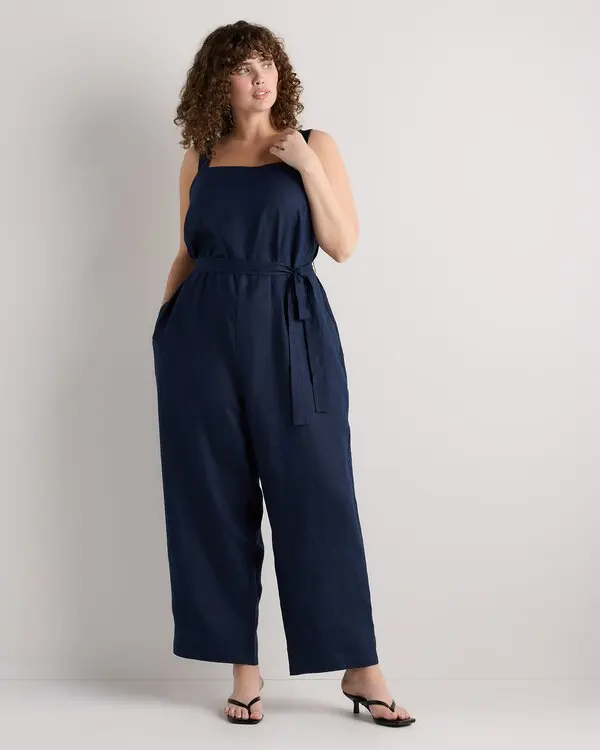 Quince 100% European Linen Square Neck Jumpsuit With Adjustable Straps And Belt - Deep Navy