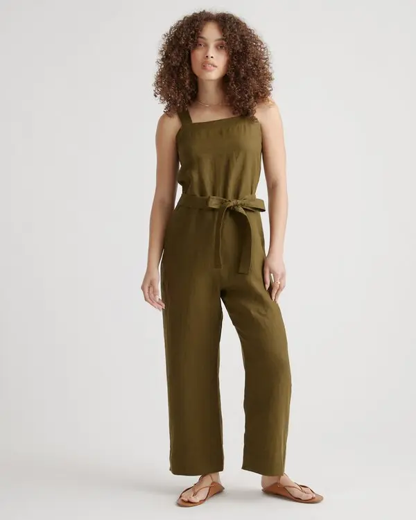 Quince 100% European Linen Square Neck Jumpsuit - Martini Olive