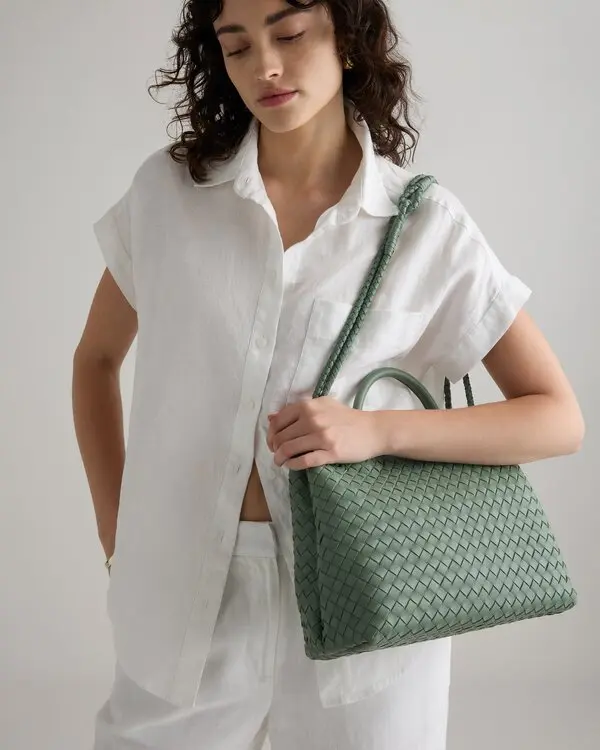 Quince Italian Leather Handwoven Satchel - Sage