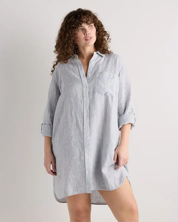 Quince 100% European Linen Shirt Dress - Blue Pinstripe