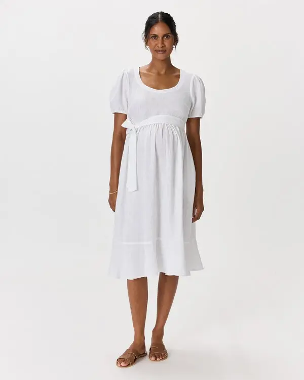 Quince 100% European Linen Maternity Midi Dress - White