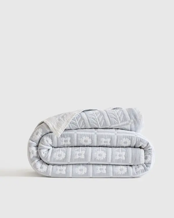 Quince Jacquard Floral Coverlet - Blue Fog