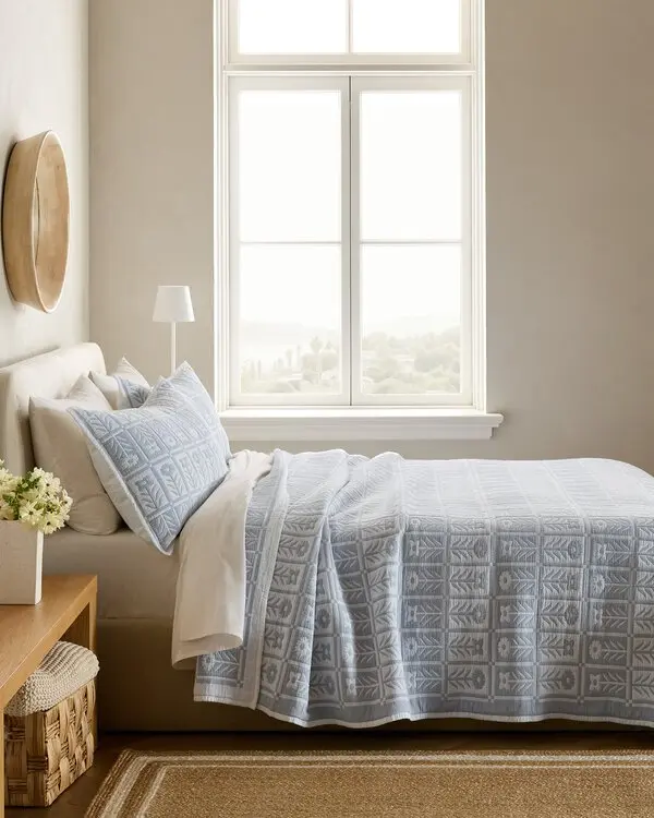 Quince Jacquard Floral Coverlet - Blue Fog