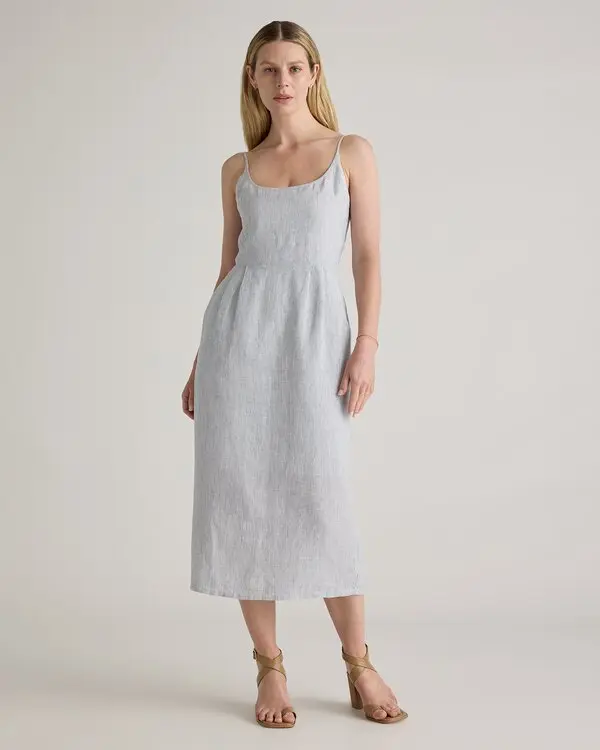 Quince 100% European Linen Scoop Neck Midi Dress - Blue Pinstripe