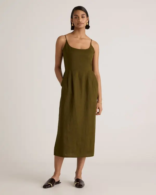 Quince 100% European Linen Scoop Neck Midi Dress - Martini Olive