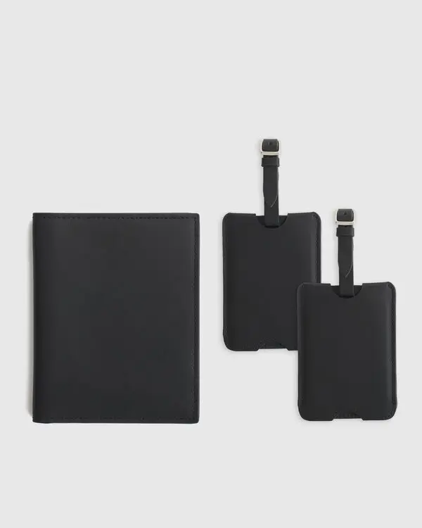 Quince Nappa Leather Rfid Blocking Passport Holder & Luggage Tags Set - Black