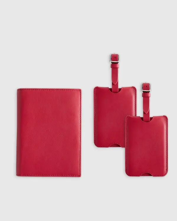 Quince Nappa Leather Rfid Blocking Passport Holder & Luggage Tags Set - Cherry Red