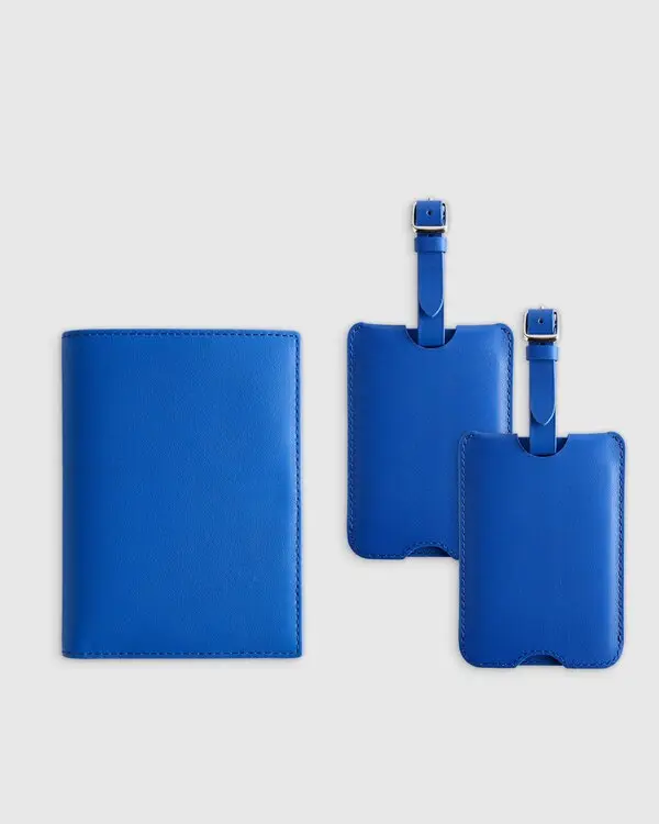 Quince Nappa Leather Rfid Blocking Passport Holder & Luggage Tags Set - Cobalt Blue