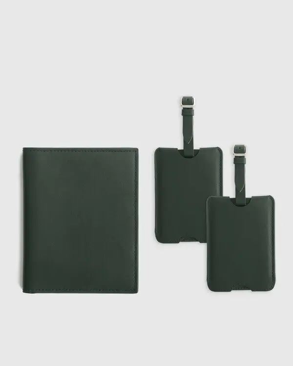Quince Nappa Leather Rfid Blocking Passport Holder & Luggage Tags Set - Dark Green