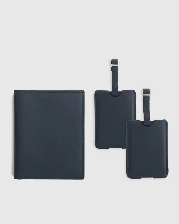 Quince Nappa Leather Rfid Blocking Passport Holder & Luggage Tags Set - Navy