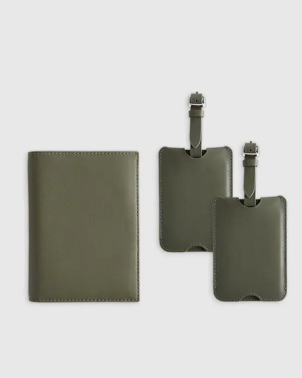 Quince Nappa Leather Rfid Blocking Passport Holder & Luggage Tags Set - Olive