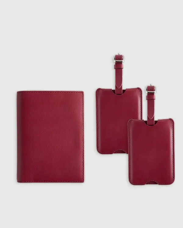 Quince Nappa Leather Rfid Blocking Passport Holder & Luggage Tags Set - Wine