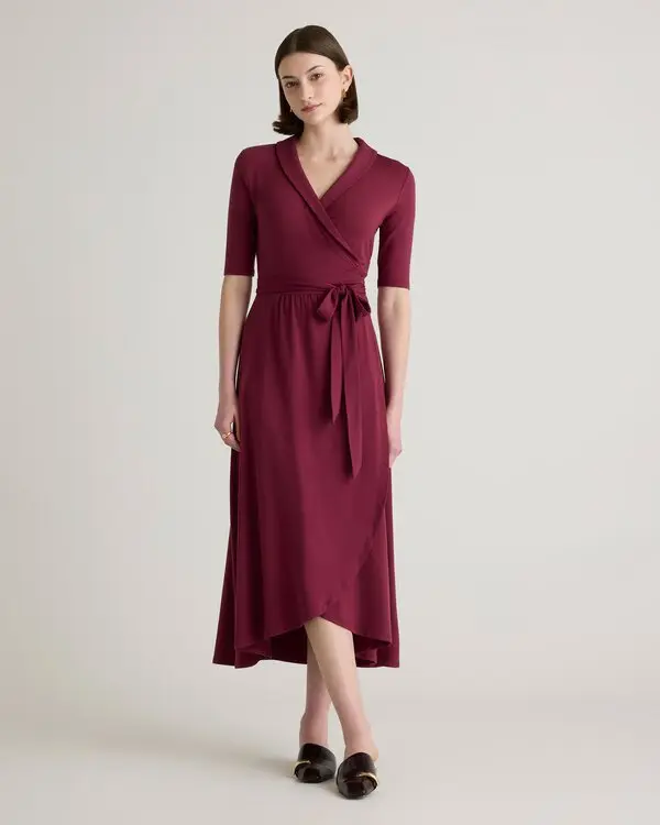 quince women's tencel jersey midi wrap dress reviews Quince Tencel Jersey Midi Wrap Dress - Wine