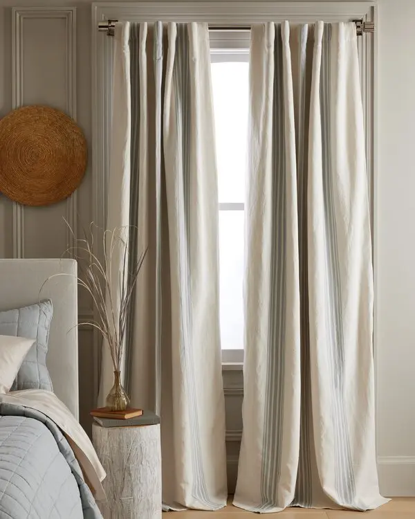 Quince Coastal Stripe Linen Cotton True Blackout Curtain Single Panel - Ivory/fog