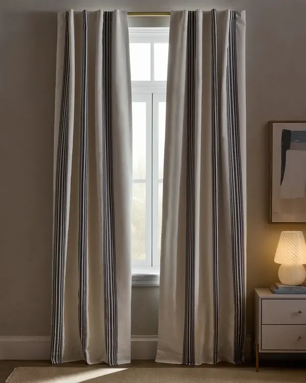 Quince Coastal Stripe Linen Cotton True Blackout Curtain Single Panel - Ivory/navy