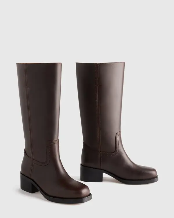 Quince Italian Leather Block Heel Boots - Coffee Bean