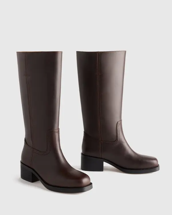 Quince Italian Leather Knee-high Block Heel Boots - Coffee Bean