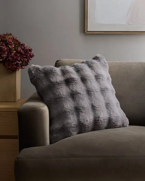 Quince Ruched Faux Fur Pillow Cover - Pewter