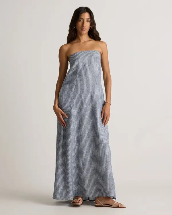 Quince 100% European Linen Strapless Maxi Dress - Chambray Stripe