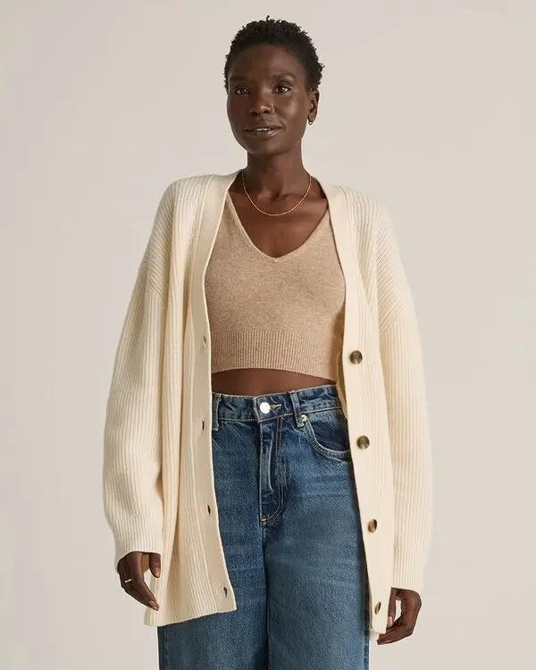Quince Mongolian Cashmere Oversized Boyfriend Cardigan - Ivory