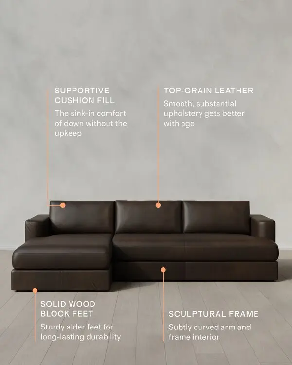 Quince Sierra Leather Curved Arm Chaise Sectional - Smoke