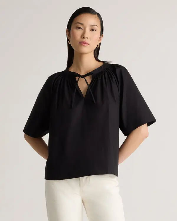 Quince Poplin Split Neck Top - Black