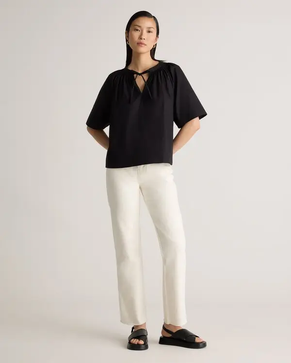 Quince Poplin Split Neck Top - Black