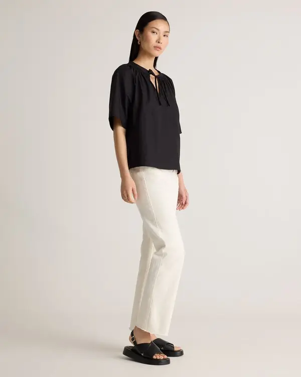 Quince Poplin Split Neck Top - Black