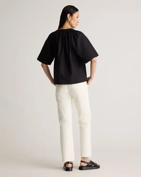 Quince Poplin Split Neck Top - Black