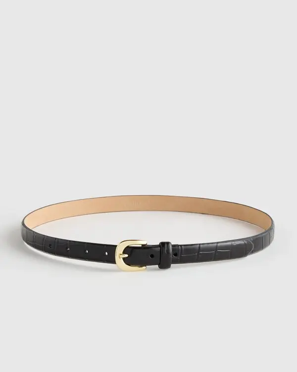 Quince European Leather Skinny Belt - Black Croco