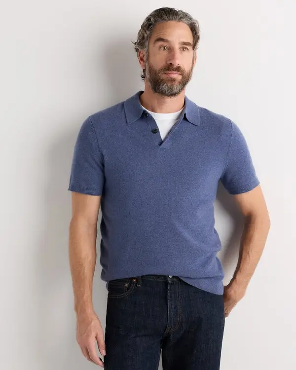 Quince Cashmere Short Sleeve Polo Sweater - Heather Storm Blue